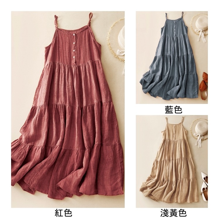 棉麻渡假風吊帶蛋糕裙洋裝 獨具衣格 J7509::unistyle 館::【獨具衣格】專賣中大尺碼洋裝、中大尺碼服飾