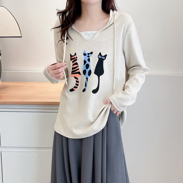 貓咪印花假兩件連帽T桖上衣 獨具衣格 J8092::unistyle 館::【獨具衣格】專賣中大尺碼洋裝、中大尺碼服飾