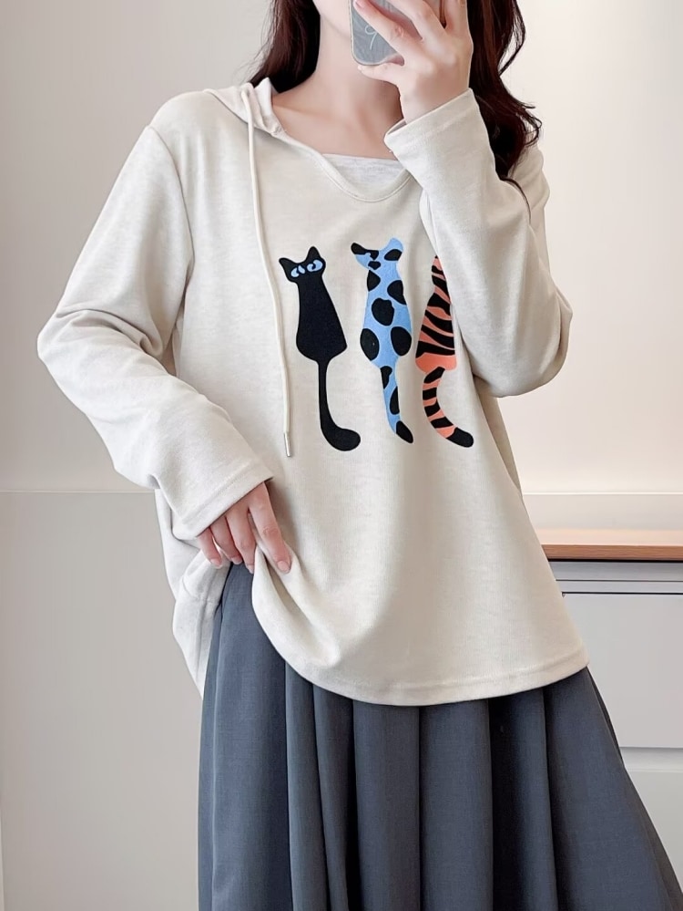 貓咪印花假兩件連帽T桖上衣 獨具衣格 J8092::unistyle 館::【獨具衣格】專賣中大尺碼洋裝、中大尺碼服飾