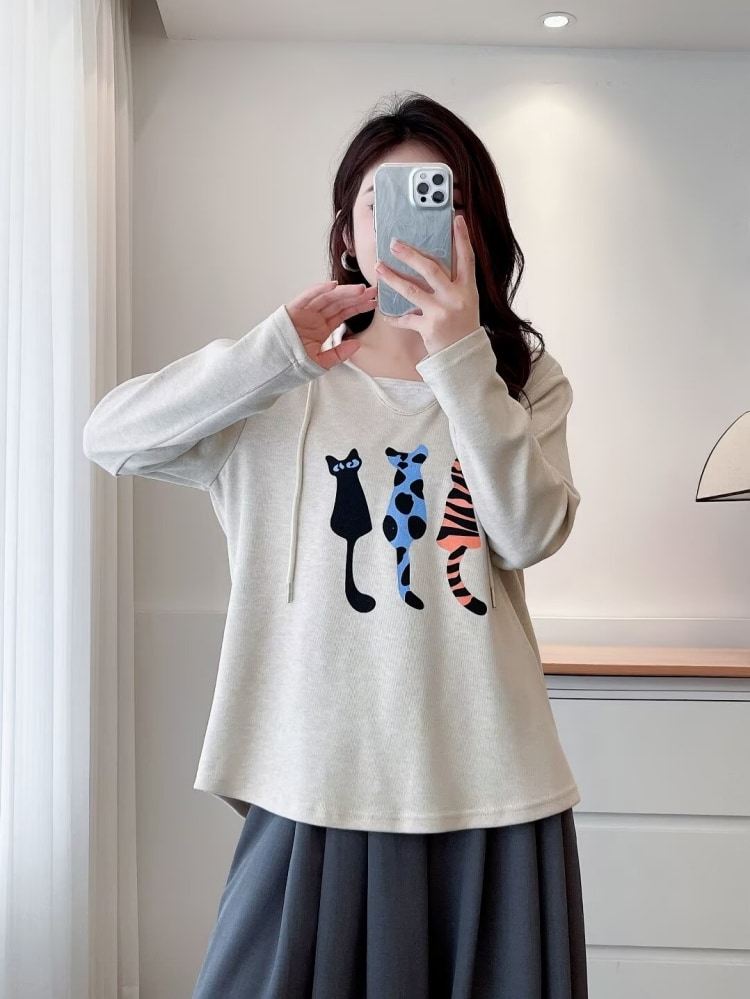 貓咪印花假兩件連帽T桖上衣 獨具衣格 J8092::unistyle 館::【獨具衣格】專賣中大尺碼洋裝、中大尺碼服飾