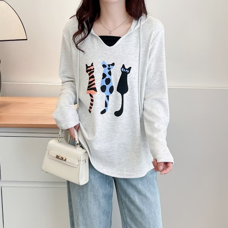 貓咪印花假兩件連帽T桖上衣 獨具衣格 J8092::unistyle 館::【獨具衣格】專賣中大尺碼洋裝、中大尺碼服飾