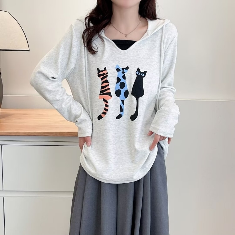 貓咪印花假兩件連帽T桖上衣 獨具衣格 J8092::unistyle 館::【獨具衣格】專賣中大尺碼洋裝、中大尺碼服飾