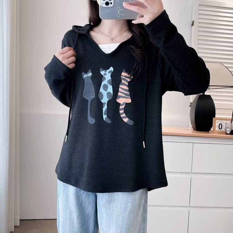 貓咪印花假兩件連帽T桖上衣 獨具衣格 J8092::unistyle 館::【獨具衣格】專賣中大尺碼洋裝、中大尺碼服飾