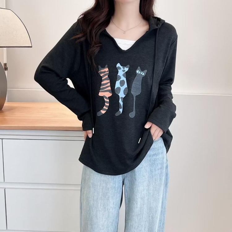 貓咪印花假兩件連帽T桖上衣 獨具衣格 J8092::unistyle 館::【獨具衣格】專賣中大尺碼洋裝、中大尺碼服飾
