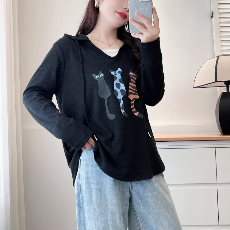 貓咪印花假兩件連帽T桖上衣 獨具衣格 J8092::unistyle 館::【獨具衣格】專賣中大尺碼洋裝、中大尺碼服飾