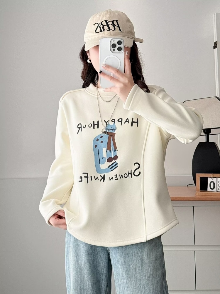 內刷毛圍巾貓咪印花T桖上衣 獨具衣格 J8491::unistyle 館::【獨具衣格】專賣中大尺碼洋裝、中大尺碼服飾