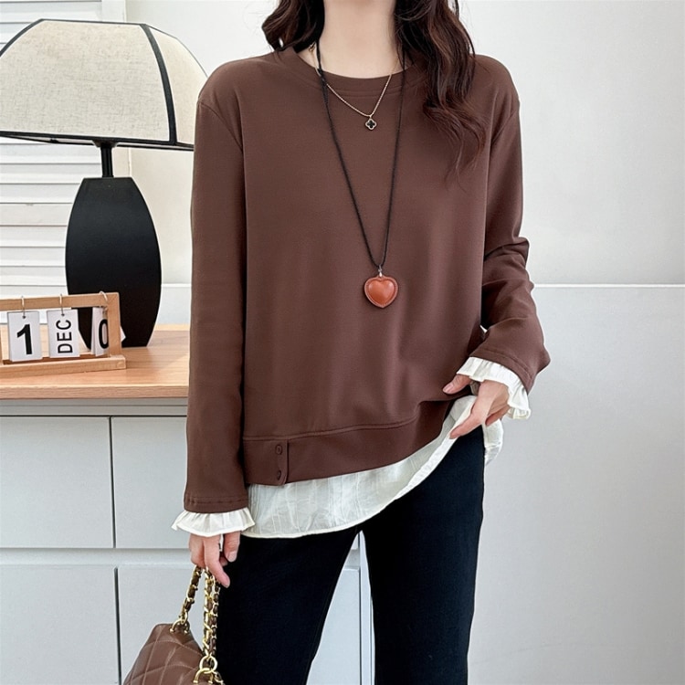 暖心德絨荷葉袖假兩件圓領上衣 獨具衣格 J8492::unistyle 館::【獨具衣格】專賣中大尺碼洋裝、中大尺碼服飾