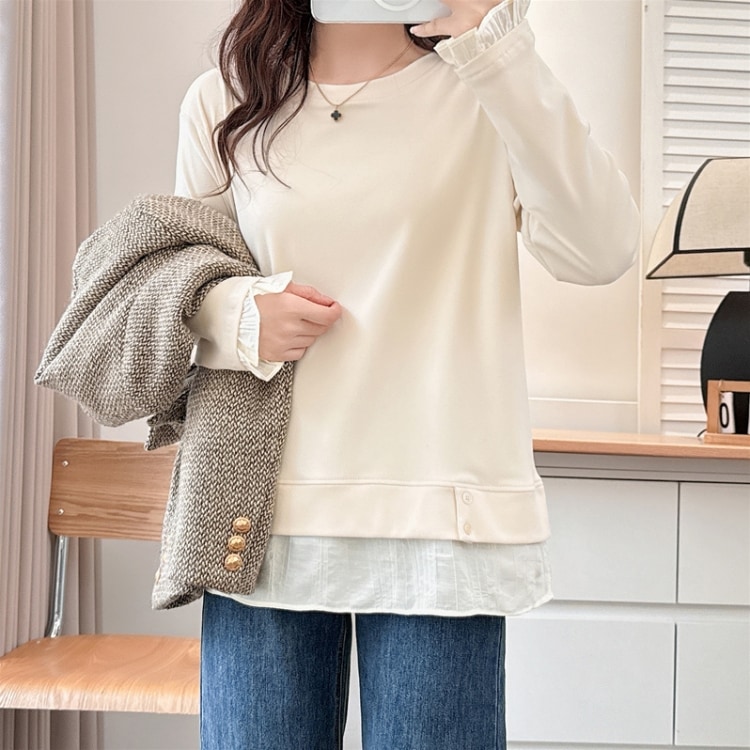 暖心德絨荷葉袖假兩件圓領上衣 獨具衣格 J8492::unistyle 館::【獨具衣格】專賣中大尺碼洋裝、中大尺碼服飾