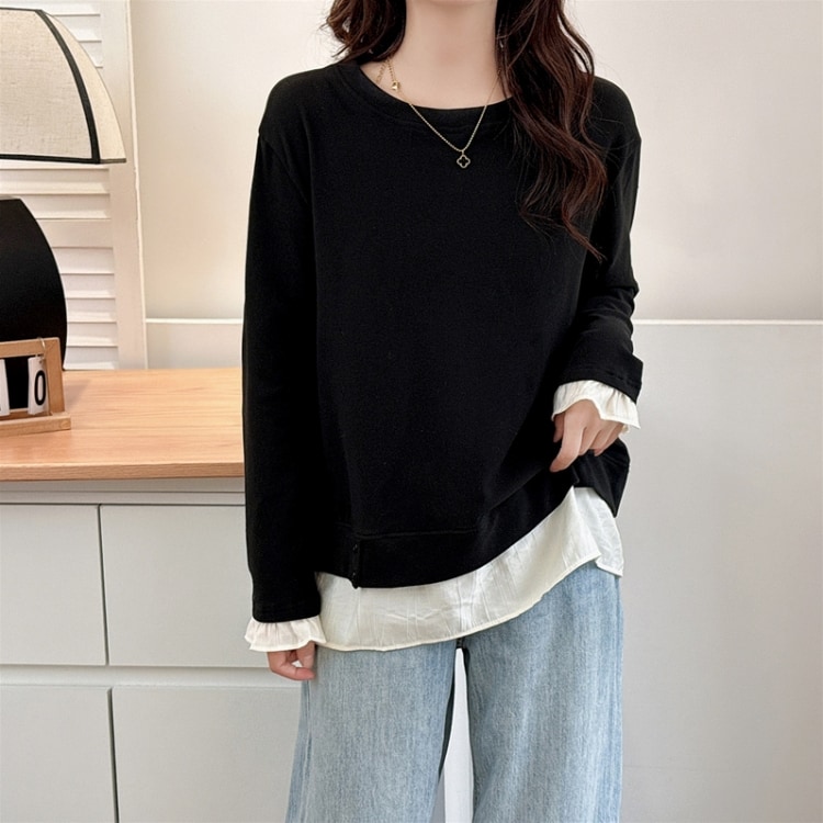 暖心德絨荷葉袖假兩件圓領上衣 獨具衣格 J8492::unistyle 館::【獨具衣格】專賣中大尺碼洋裝、中大尺碼服飾