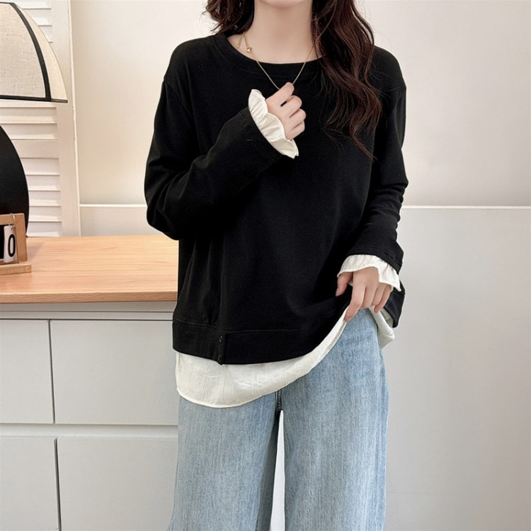 暖心德絨荷葉袖假兩件圓領上衣 獨具衣格 J8492::unistyle 館::【獨具衣格】專賣中大尺碼洋裝、中大尺碼服飾