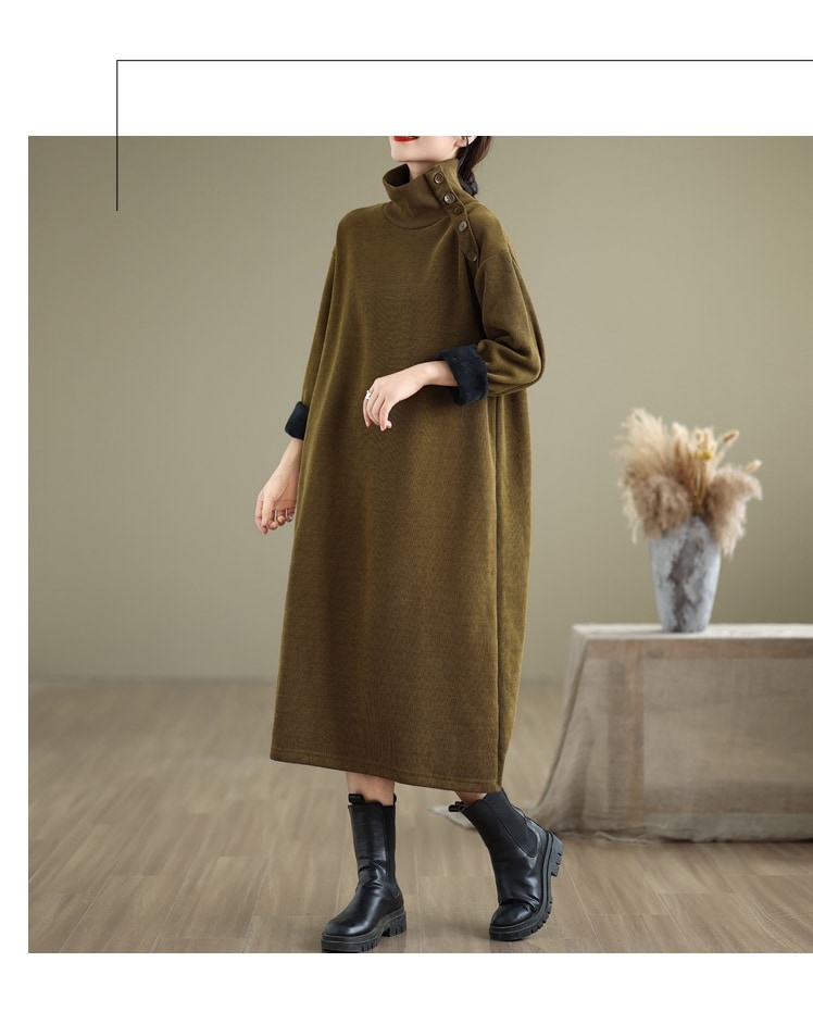 釦子設計高領內刷毛長洋裝 獨具衣格 J8552::unistyle 館::【獨具衣格】專賣中大尺碼洋裝、中大尺碼服飾