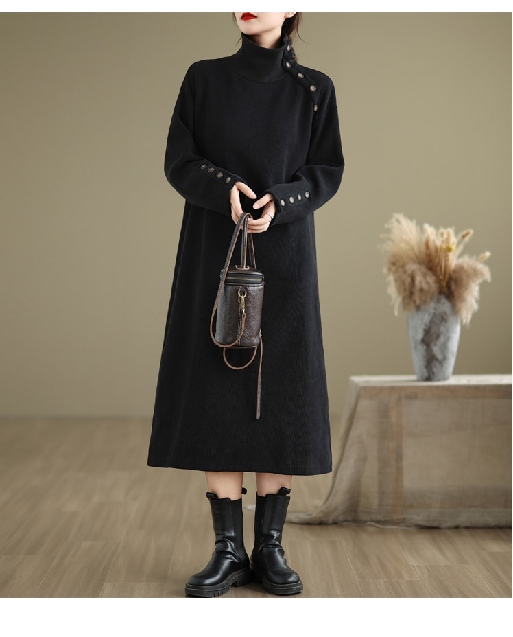 釦子設計高領內刷毛長洋裝 獨具衣格 J8552::unistyle 館::【獨具衣格】專賣中大尺碼洋裝、中大尺碼服飾
