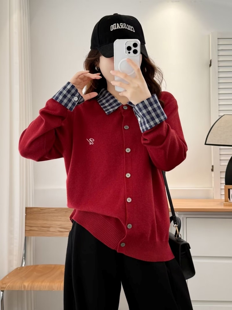 格紋拼接假兩件針織毛衣上衣 獨具衣格 J8599::unistyle 館::【獨具衣格】專賣中大尺碼洋裝、中大尺碼服飾