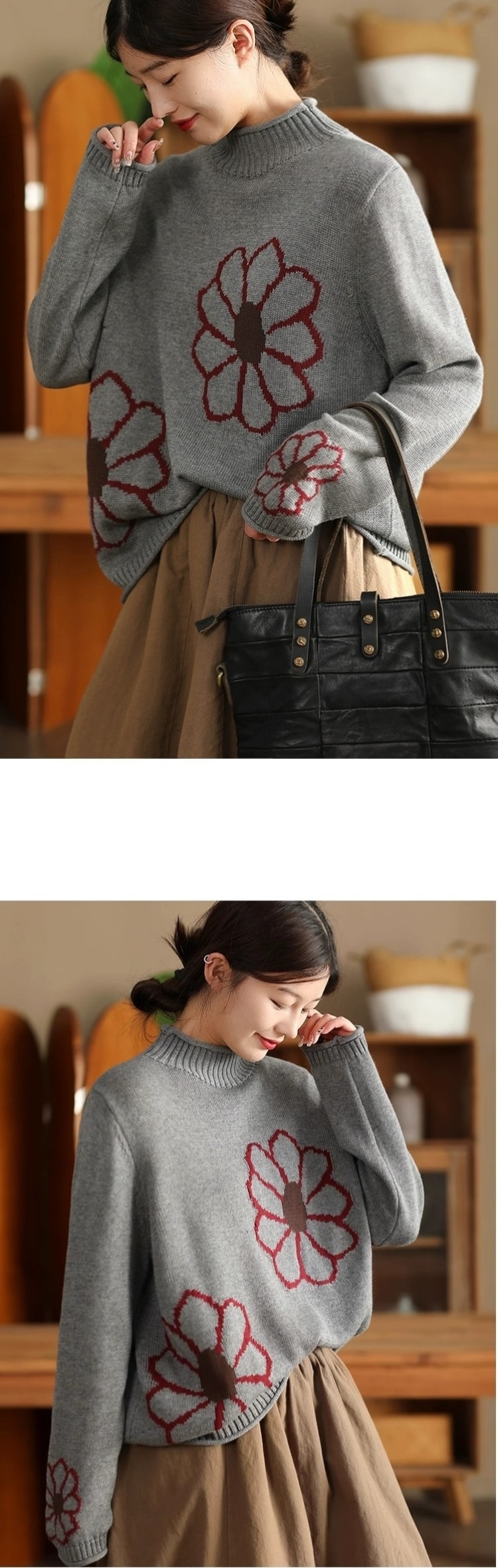 日系半高領線條花朵針織毛衣上衣 獨具衣格 J8610::unistyle 館::【獨具衣格】專賣中大尺碼洋裝、中大尺碼服飾