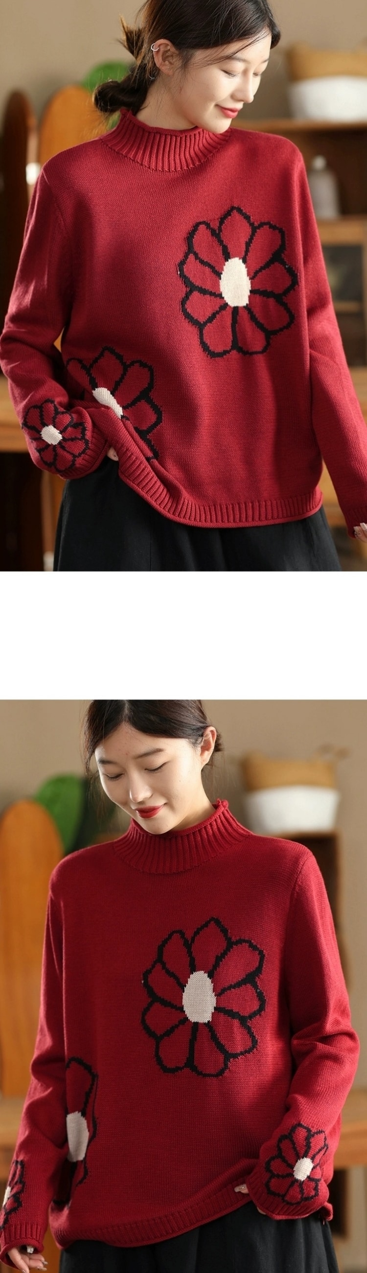 日系半高領線條花朵針織毛衣上衣 獨具衣格 J8610::unistyle 館::【獨具衣格】專賣中大尺碼洋裝、中大尺碼服飾