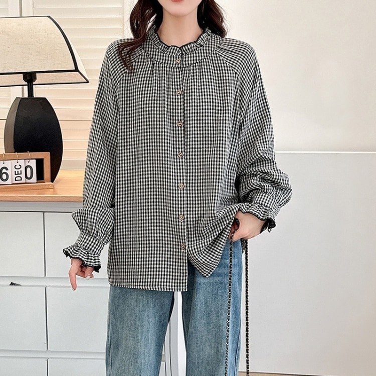 領口花邊造型格紋開襟上衣 獨具衣格 J8756::unistyle 館::【獨具衣格】專賣中大尺碼洋裝、中大尺碼服飾