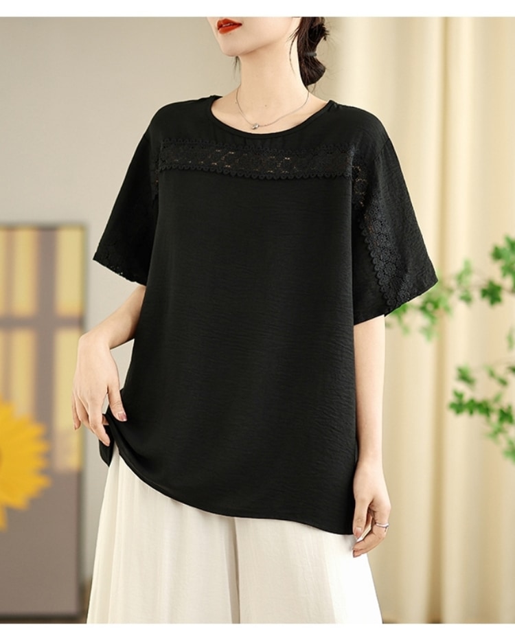 棉綢氣質款蕾絲拼接T桖上衣 獨具衣格 J8901::unistyle 館::【獨具衣格】專賣中大尺碼洋裝、中大尺碼服飾