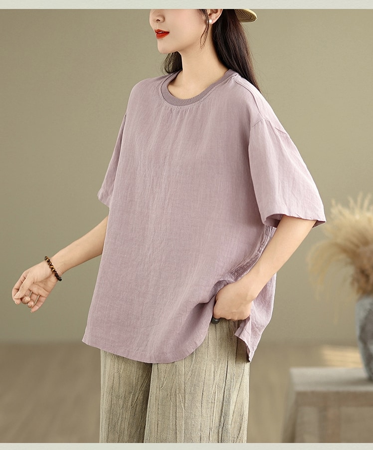 超美色系棉麻圓領T桖上衣 獨具衣格 J9090::unistyle 館::【獨具衣格】專賣中大尺碼洋裝、中大尺碼服飾