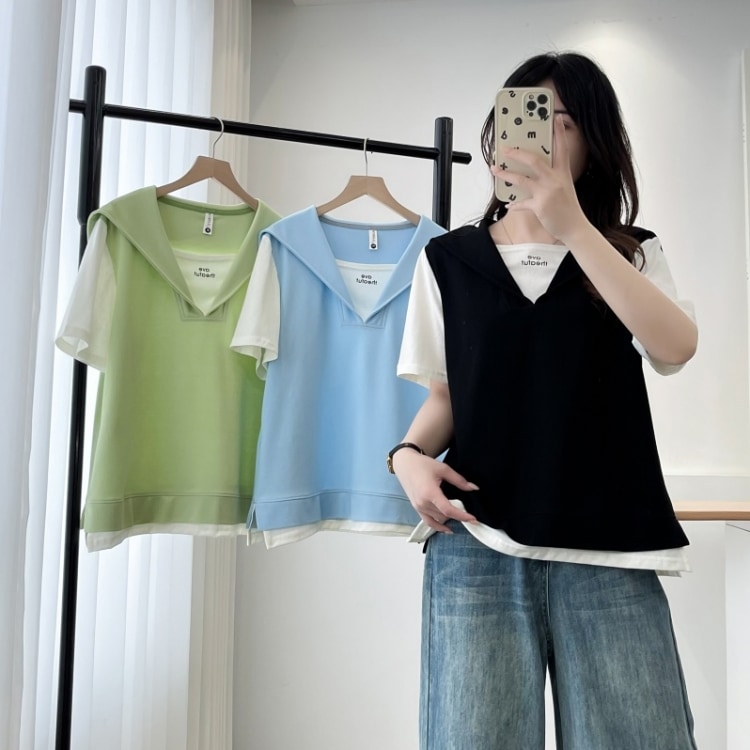 韓系大反領假兩件短袖上衣 獨具衣格 J9226::unistyle 館::【獨具衣格】專賣中大尺碼洋裝、中大尺碼服飾