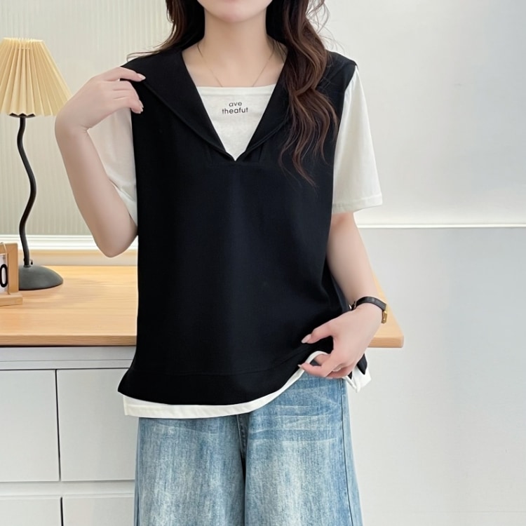 韓系大反領假兩件短袖上衣 獨具衣格 J9226::unistyle 館::【獨具衣格】專賣中大尺碼洋裝、中大尺碼服飾