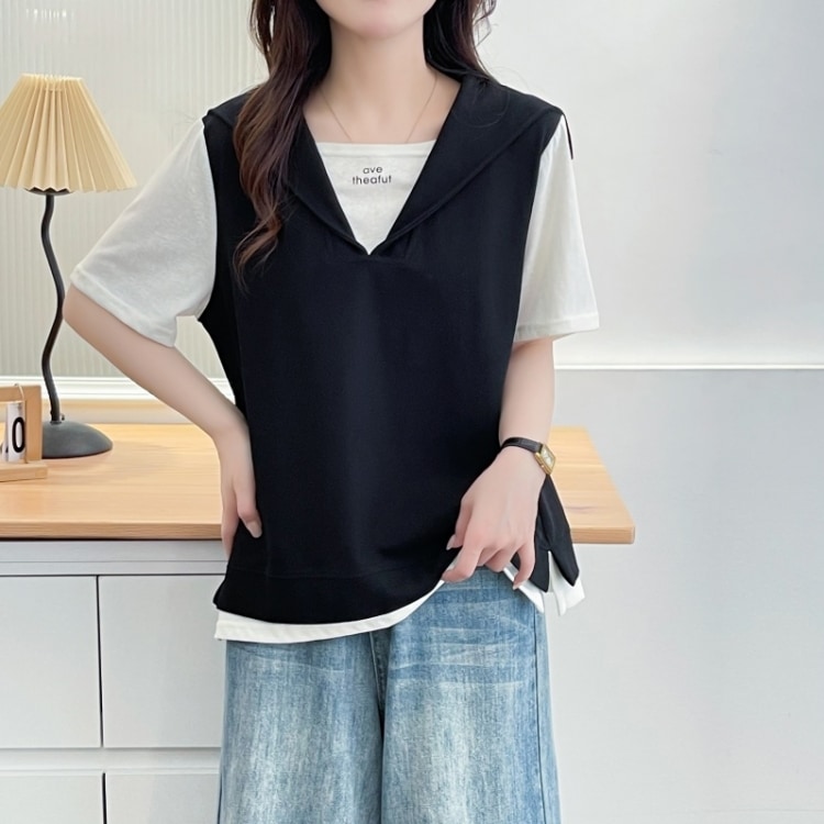 韓系大反領假兩件短袖上衣 獨具衣格 J9226::unistyle 館::【獨具衣格】專賣中大尺碼洋裝、中大尺碼服飾