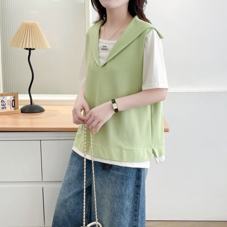 韓系大反領假兩件短袖上衣 獨具衣格 J9226::unistyle 館::【獨具衣格】專賣中大尺碼洋裝、中大尺碼服飾