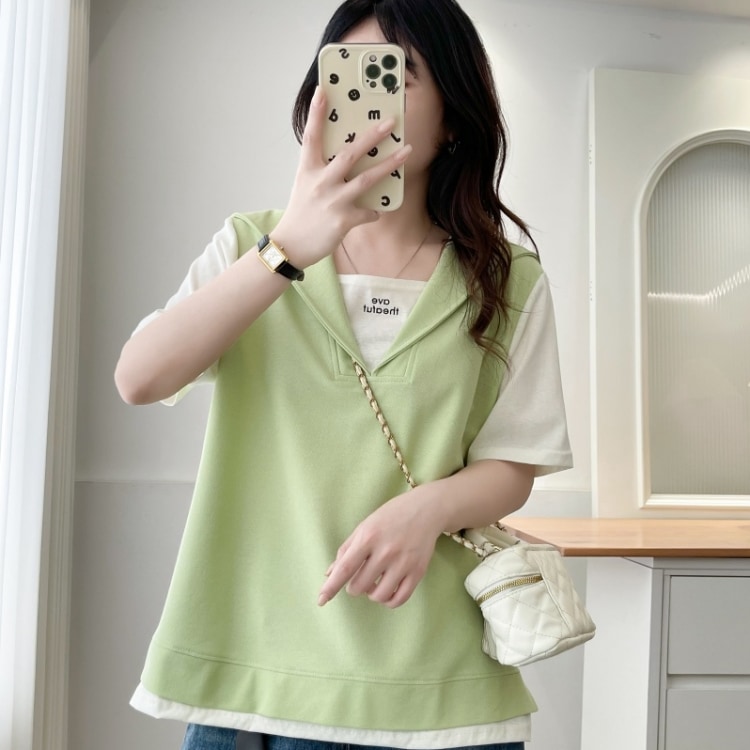 韓系大反領假兩件短袖上衣 獨具衣格 J9226::unistyle 館::【獨具衣格】專賣中大尺碼洋裝、中大尺碼服飾