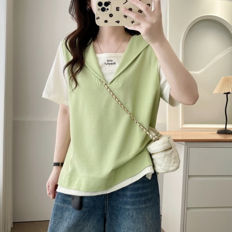 韓系大反領假兩件短袖上衣 獨具衣格 J9226::unistyle 館::【獨具衣格】專賣中大尺碼洋裝、中大尺碼服飾