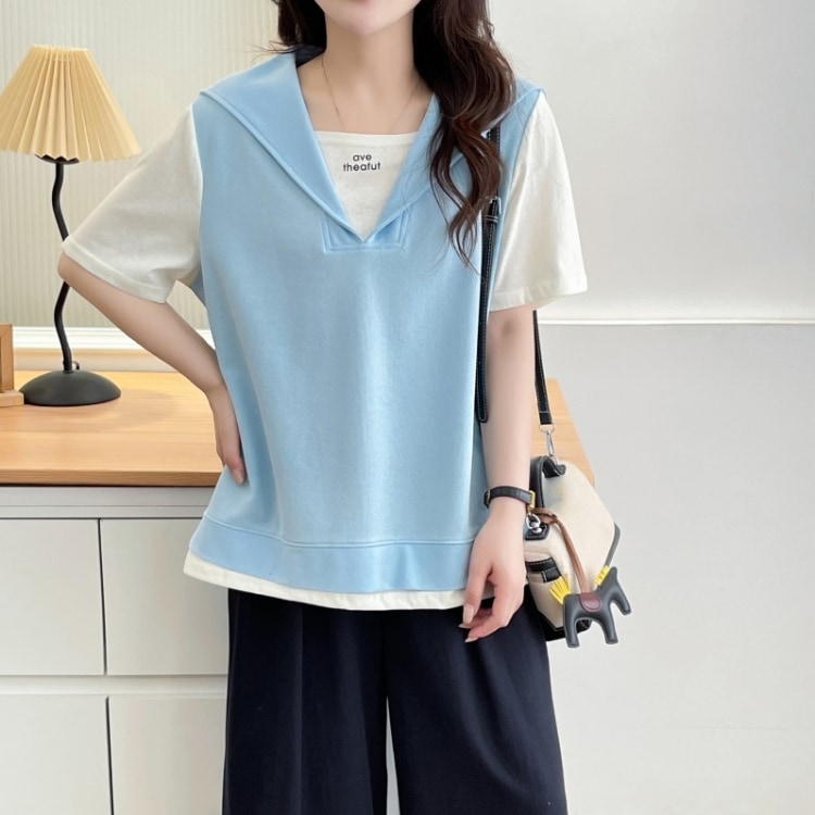 韓系大反領假兩件短袖上衣 獨具衣格 J9226::unistyle 館::【獨具衣格】專賣中大尺碼洋裝、中大尺碼服飾