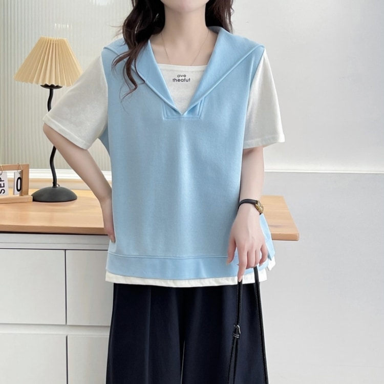 韓系大反領假兩件短袖上衣 獨具衣格 J9226::unistyle 館::【獨具衣格】專賣中大尺碼洋裝、中大尺碼服飾