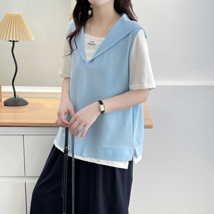 韓系大反領假兩件短袖上衣 獨具衣格 J9226::unistyle 館::【獨具衣格】專賣中大尺碼洋裝、中大尺碼服飾