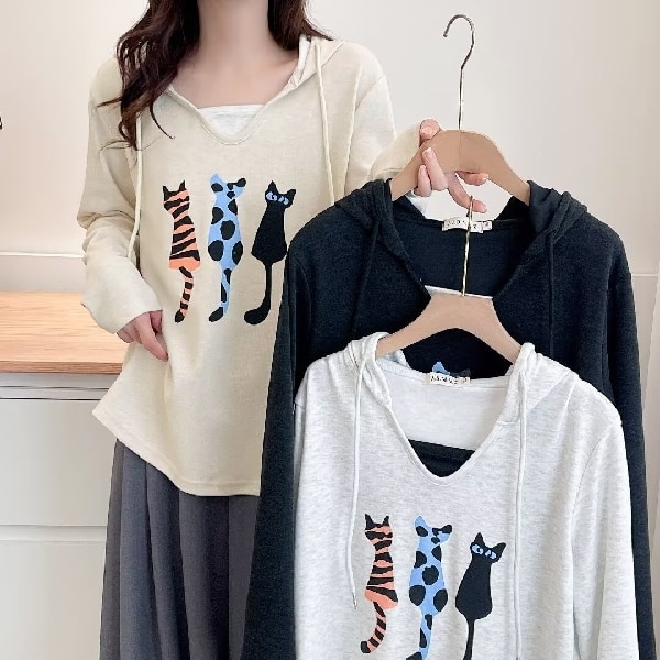 貓咪印花假兩件連帽T桖上衣 獨具衣格 J8092::unistyle 館::【獨具衣格】專賣中大尺碼洋裝、中大尺碼服飾