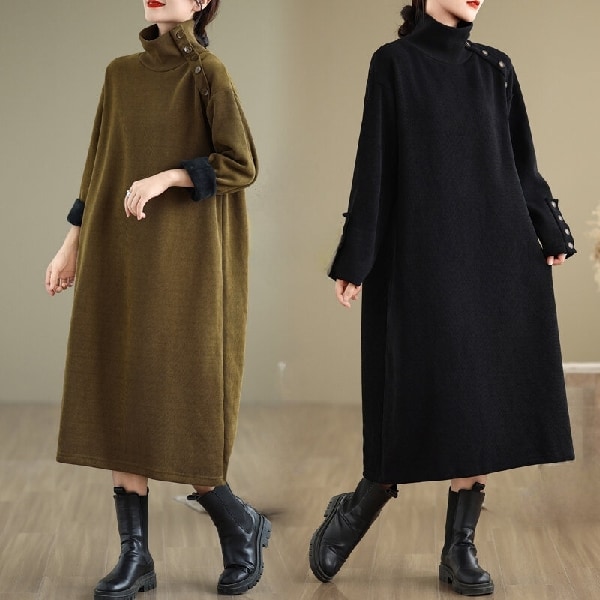 釦子設計高領內刷毛長洋裝 獨具衣格 J8552::unistyle 館::【獨具衣格】專賣中大尺碼洋裝、中大尺碼服飾