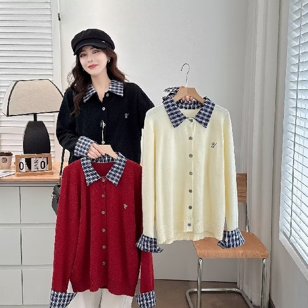 格紋拼接假兩件針織毛衣上衣 獨具衣格 J8599::unistyle 館::【獨具衣格】專賣中大尺碼洋裝、中大尺碼服飾