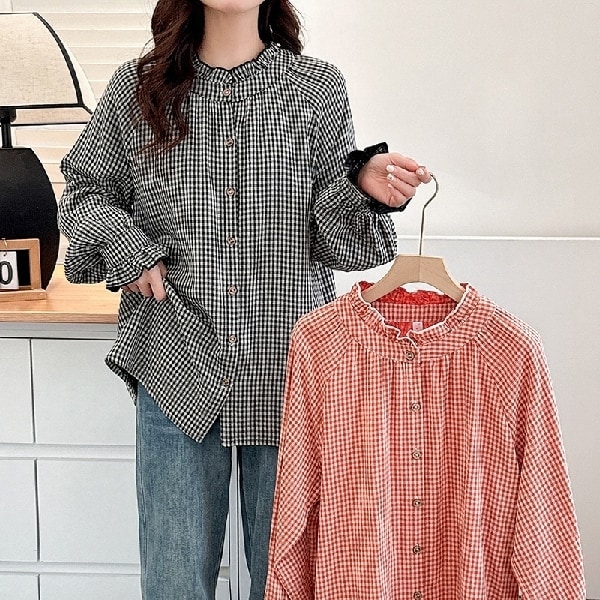 領口花邊造型格紋開襟上衣 獨具衣格 J8756::unistyle 館::【獨具衣格】專賣中大尺碼洋裝、中大尺碼服飾