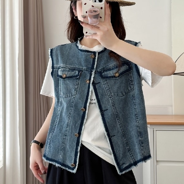 牛仔毛邊設計小反領時尚背心 獨具衣格 J8818::unistyle 館::【獨具衣格】專賣中大尺碼洋裝、中大尺碼服飾