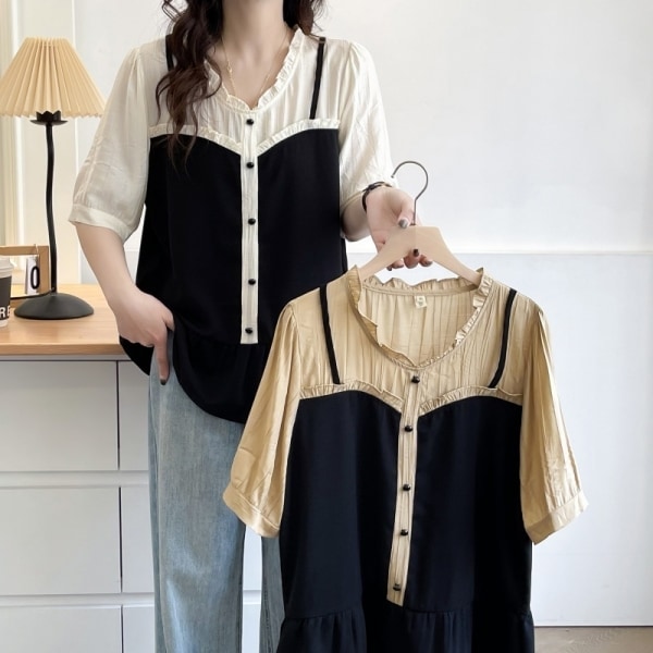 甜美風格荷葉領假兩件上衣 獨具衣格 J8926::unistyle 館::【獨具衣格】專賣中大尺碼洋裝、中大尺碼服飾