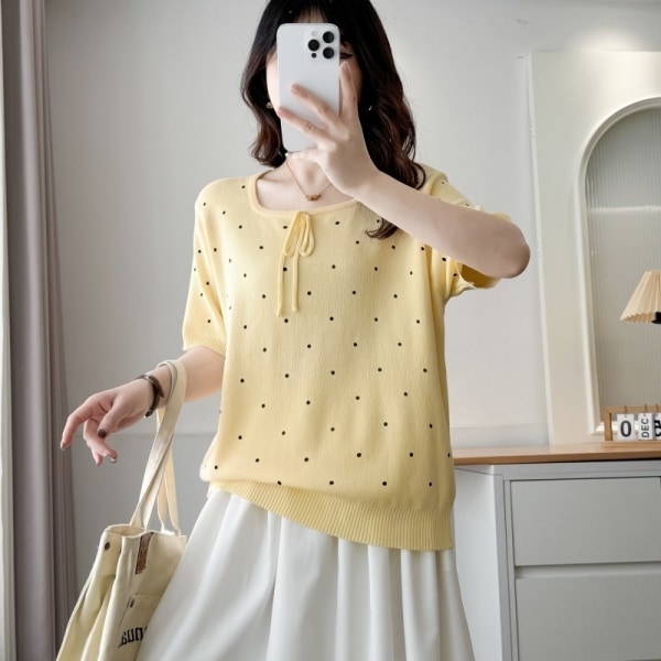 冰絲針織點點方領短袖上 獨具衣格 J8986::unistyle 館::【獨具衣格】專賣中大尺碼洋裝、中大尺碼服飾