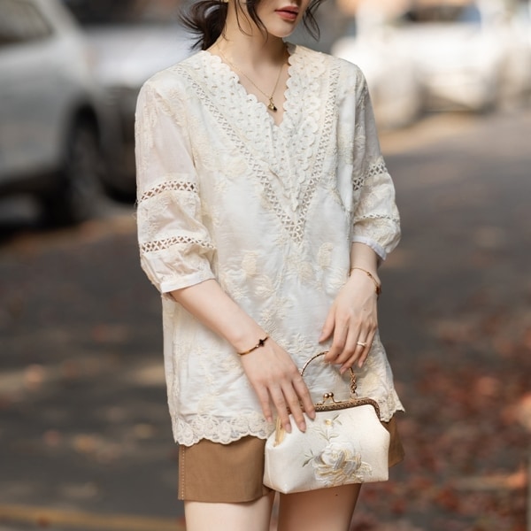 重工設計氣質款V領蕾絲上衣 獨具衣格 J9293::unistyle 館::【獨具衣格】專賣中大尺碼洋裝、中大尺碼服飾